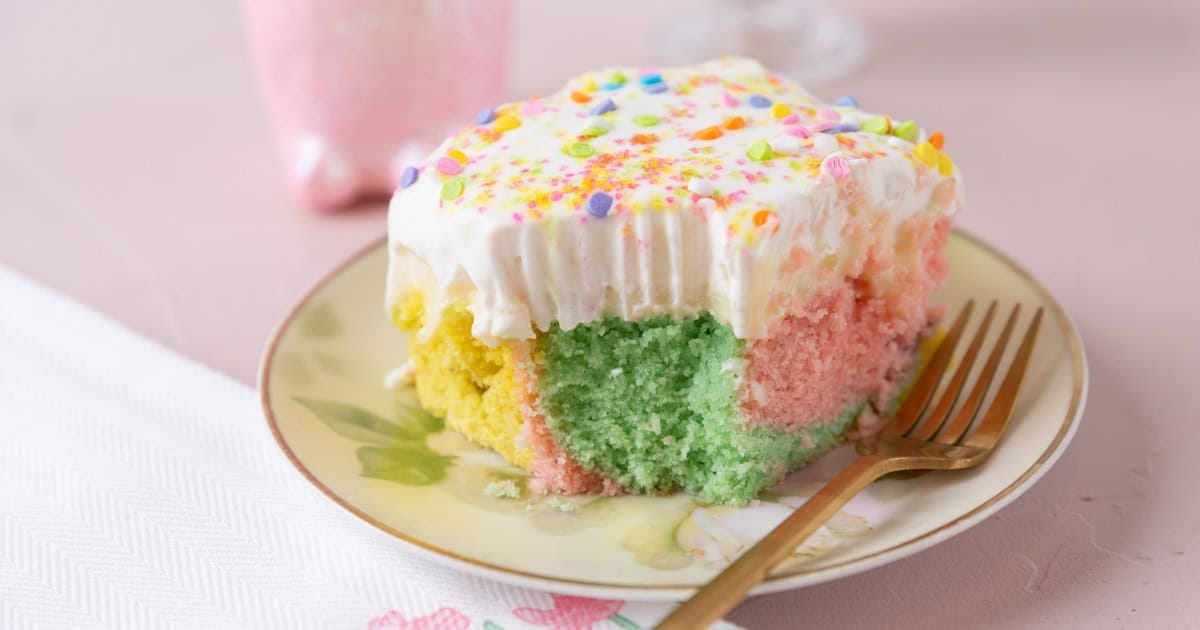 Colorful Homemade Easter Poke Cake with Pudding | Poppy Trail Table